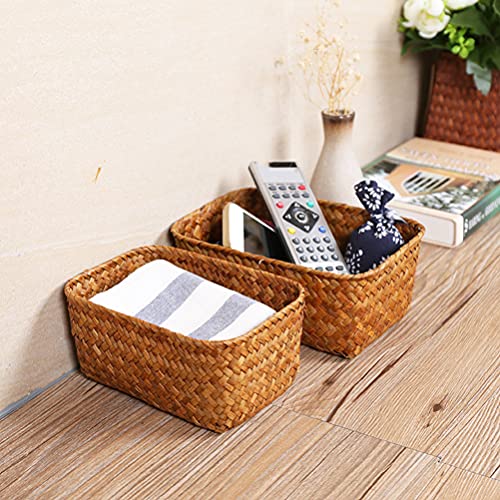 Seagrass Woven Basket, Small Storage Basket Rectangular Organizer Tray Decorative Shelf Basket Weave Sundries Container Desktop Basket for Makeup, Clothes, Toys, Stationery (M)