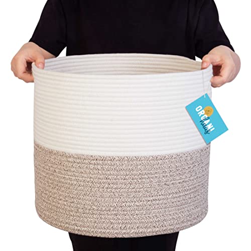 OrganiHaus Large Blanket Basket for Living Room | Woven Laundry Basket for Storage | Toy Basket for Baby | Cotton Rope Storage Basket for Organization | Brown & White Woven Basket for Room Decor 16x14