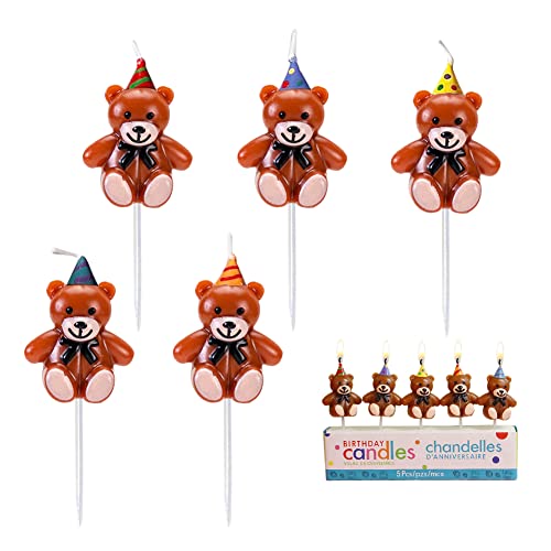 5 Pcs Cute Bear Birthday Candles, Mini Teddy Bear with Hat Cake Cupcake Topper Candle for Birthday Baby Shower Wedding Party Supplies