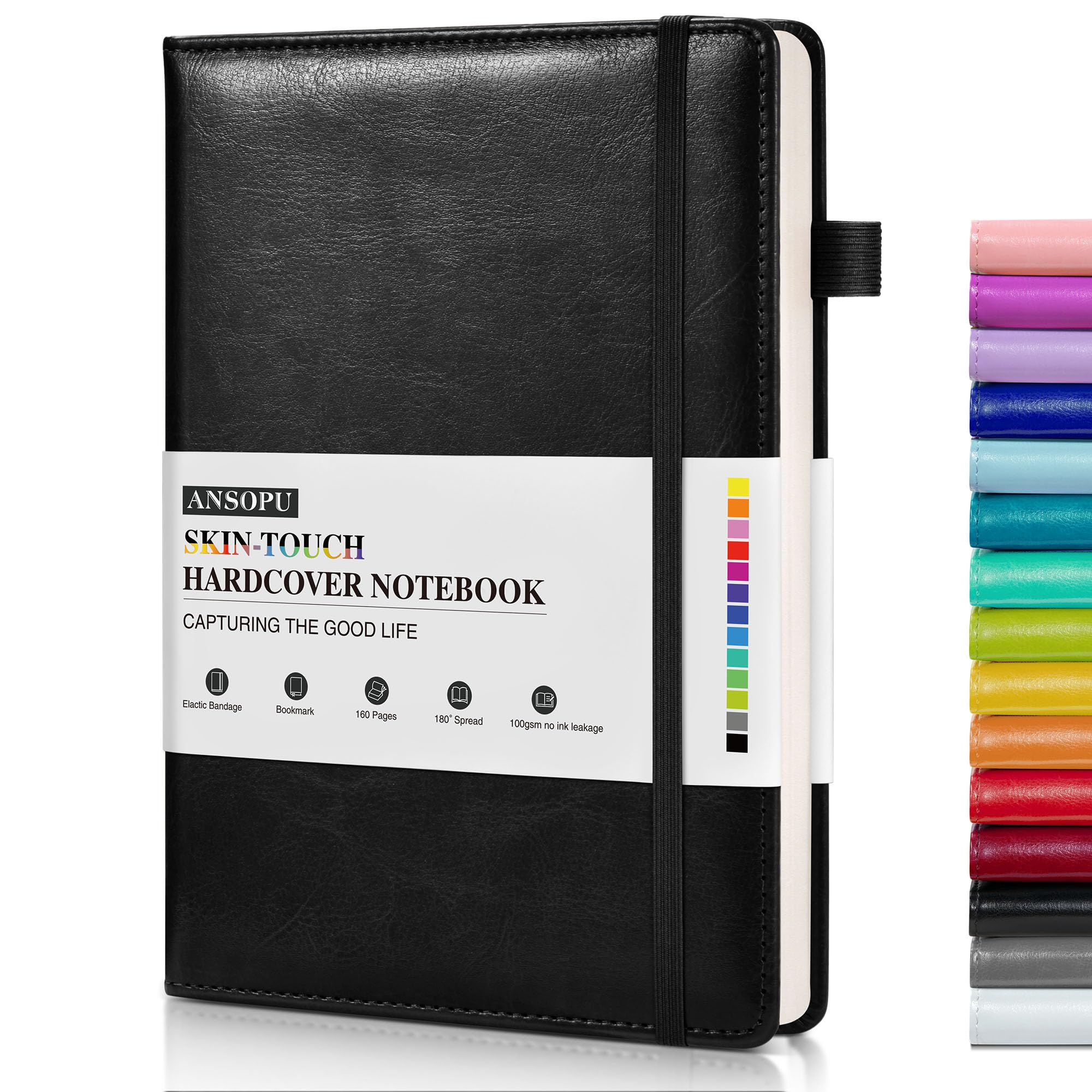 Ansopu Lined Journal Notebook for Writing, A5 100 GSM Thick Paper, Leather Hardcover Journal for Woman Men, Travel Journal Diary 160 Pages(5.75'' X 8.38'' Black)