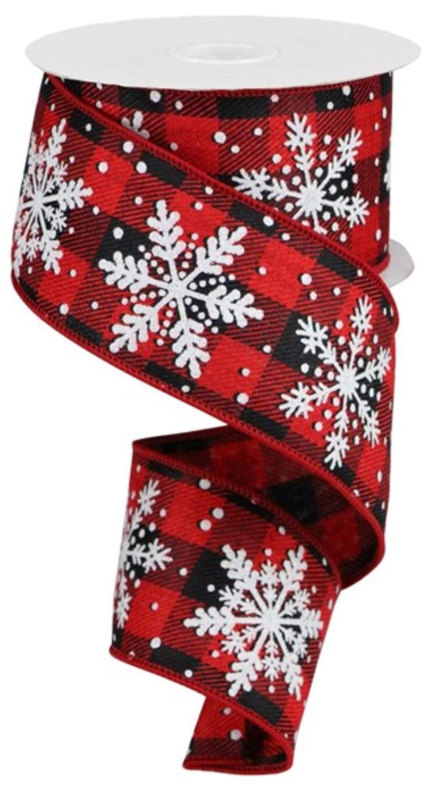 Craig Bachman 2.5" Glittered Snowflakes Ribbon: Buffalo Plaid (10 Yards) - Craft Floral Arrangement Gift Wrapping Wired Edge Ribbon