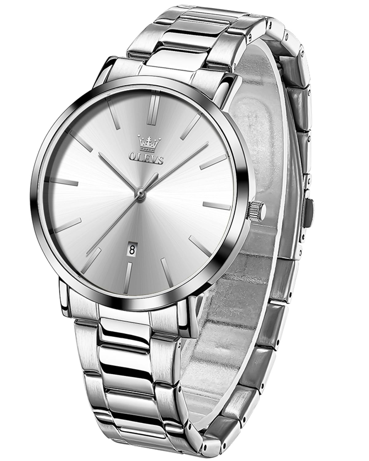 OLEVS Silver Watches for Men Dress Analog Quartz Waterproof Watch Stainless Steel Date Business Luxury Casual Wrist Watches White