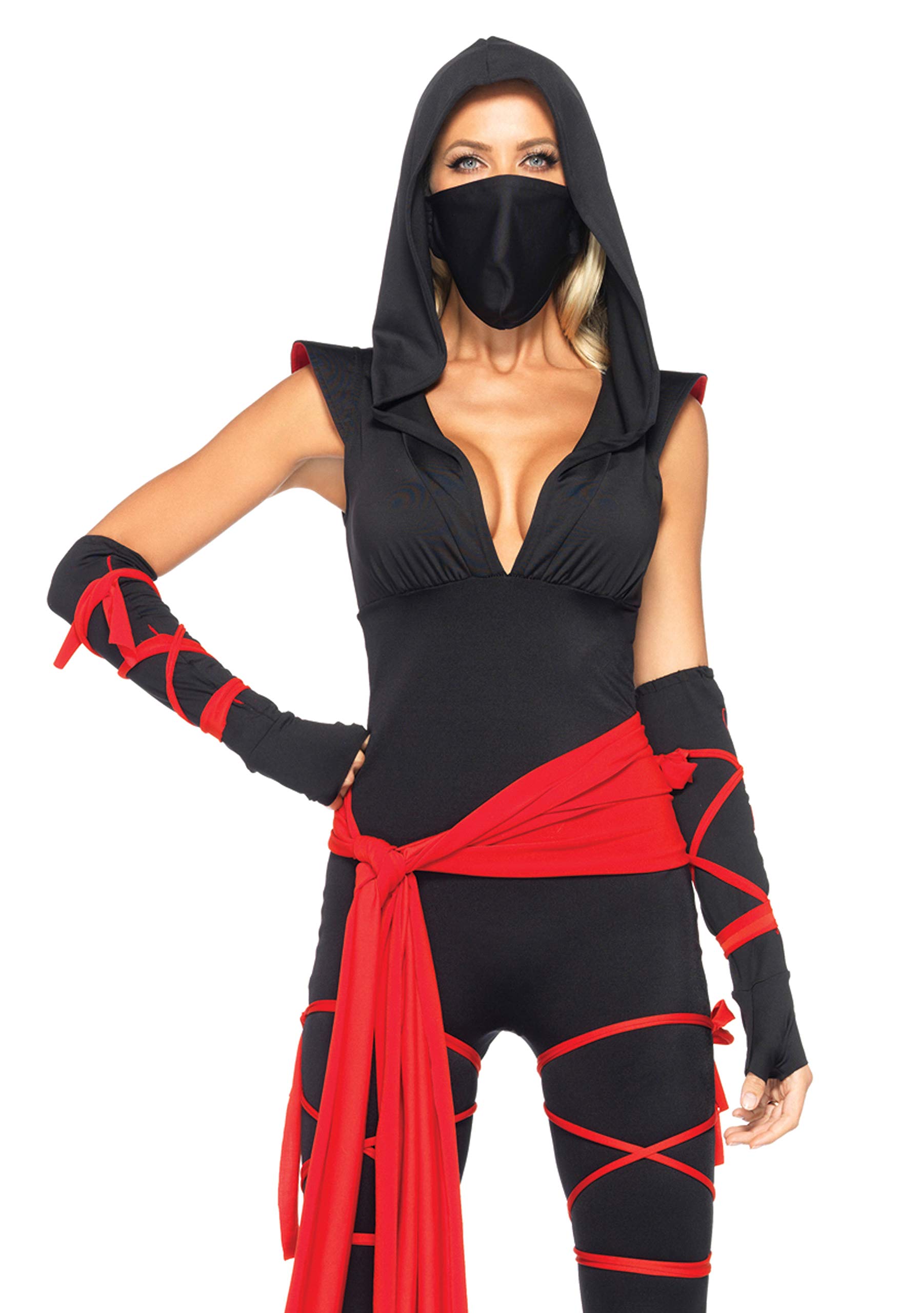 Leg Avenue Women's 5pc. Deadly Ninja,Catsuit,Waist Sash,arm Warmers,mask,Leg Wraps, Black/Red, Medium