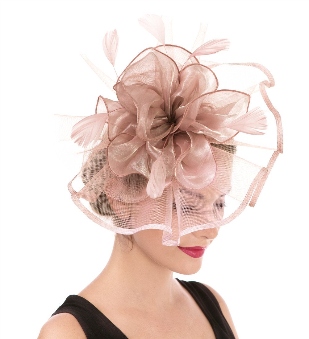 Fascinator Women's Organza Church Kentucky Derby British Bridal Tea Party Wedding Hat Summer Ruffle Hat(Hj2-Pink)