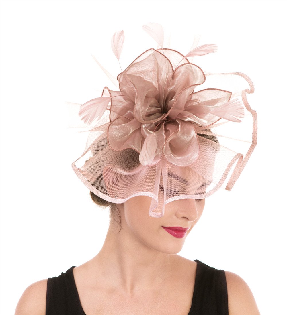 Fascinator Women's Organza Church Kentucky Derby British Bridal Tea Party Wedding Hat Summer Ruffle Hat(Hj2-Pink)
