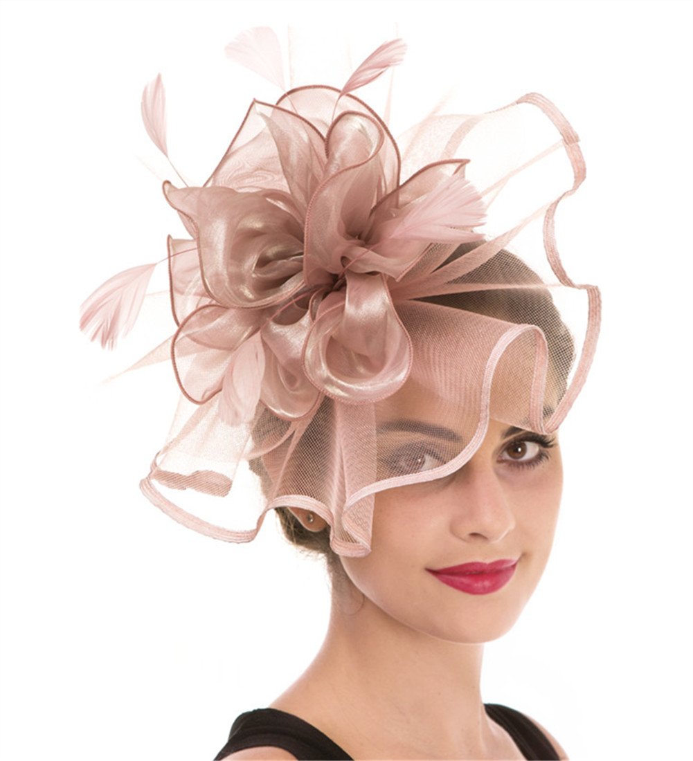 Fascinator Women's Organza Church Kentucky Derby British Bridal Tea Party Wedding Hat Summer Ruffle Hat(Hj2-Pink)