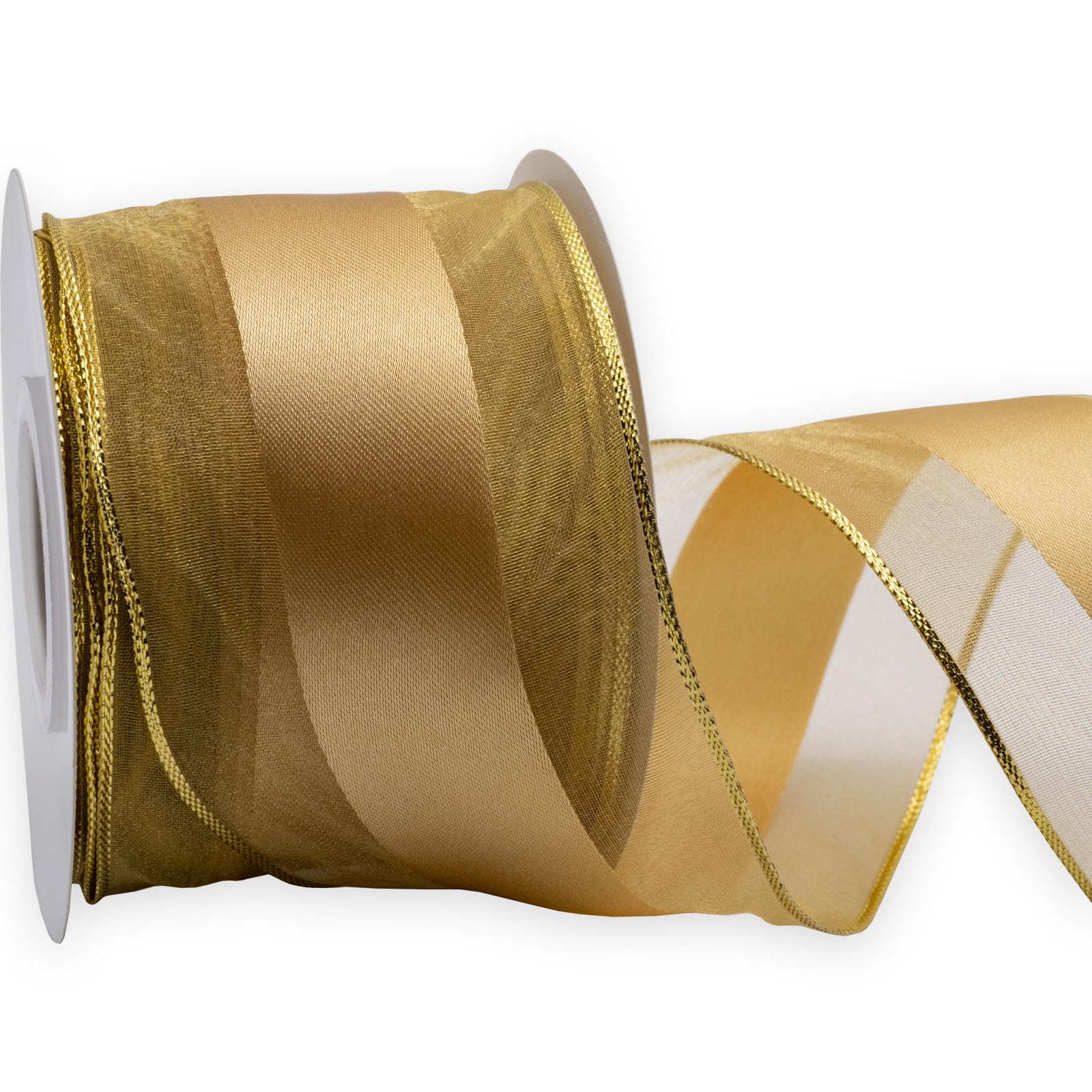 XMRIBBON Wire Edged Ribbon Golden Sheer Edge Satin Ribbon, 2 1/2" x 10 Meters,for Gift Wrapping, Tree Topper, Garland, Christmas Wreath