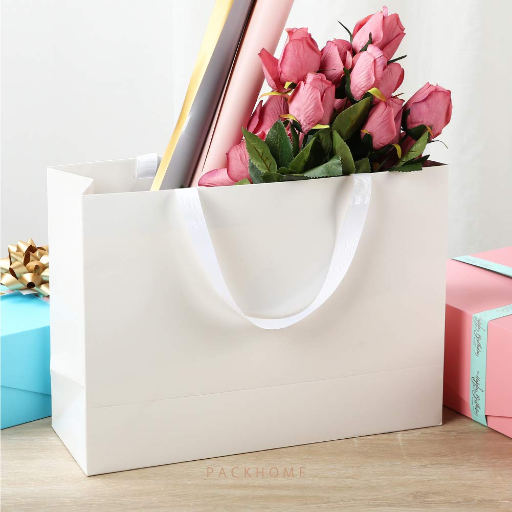 PACKHOME 10 Large Gift Bags 14.5x5x10.5 Inches, White Premium Gift Bags with Handles for Gift Giving (Glossy White)