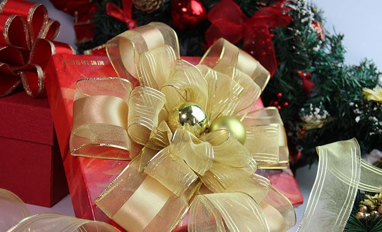 XMRIBBON Wire Edged Ribbon Golden Sheer Edge Satin Ribbon, 2 1/2" x 10 Meters,for Gift Wrapping, Tree Topper, Garland, Christmas Wreath