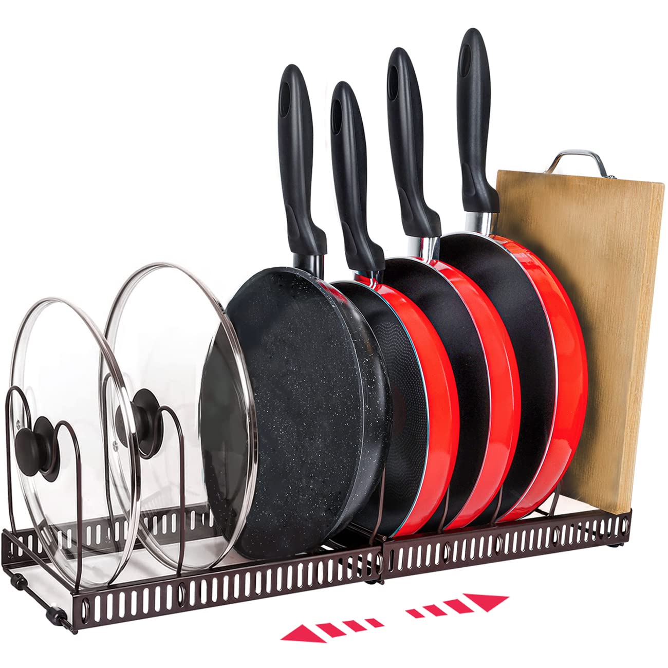 Expandable Pots and Pans Organizers Rack,Pot Cover Rack Grill Pan Rack Sticky Board For Cabinets,Pans Pot Lid Organizer Rack Holder with 7 Adjustable Compartments (7D-bronze)
