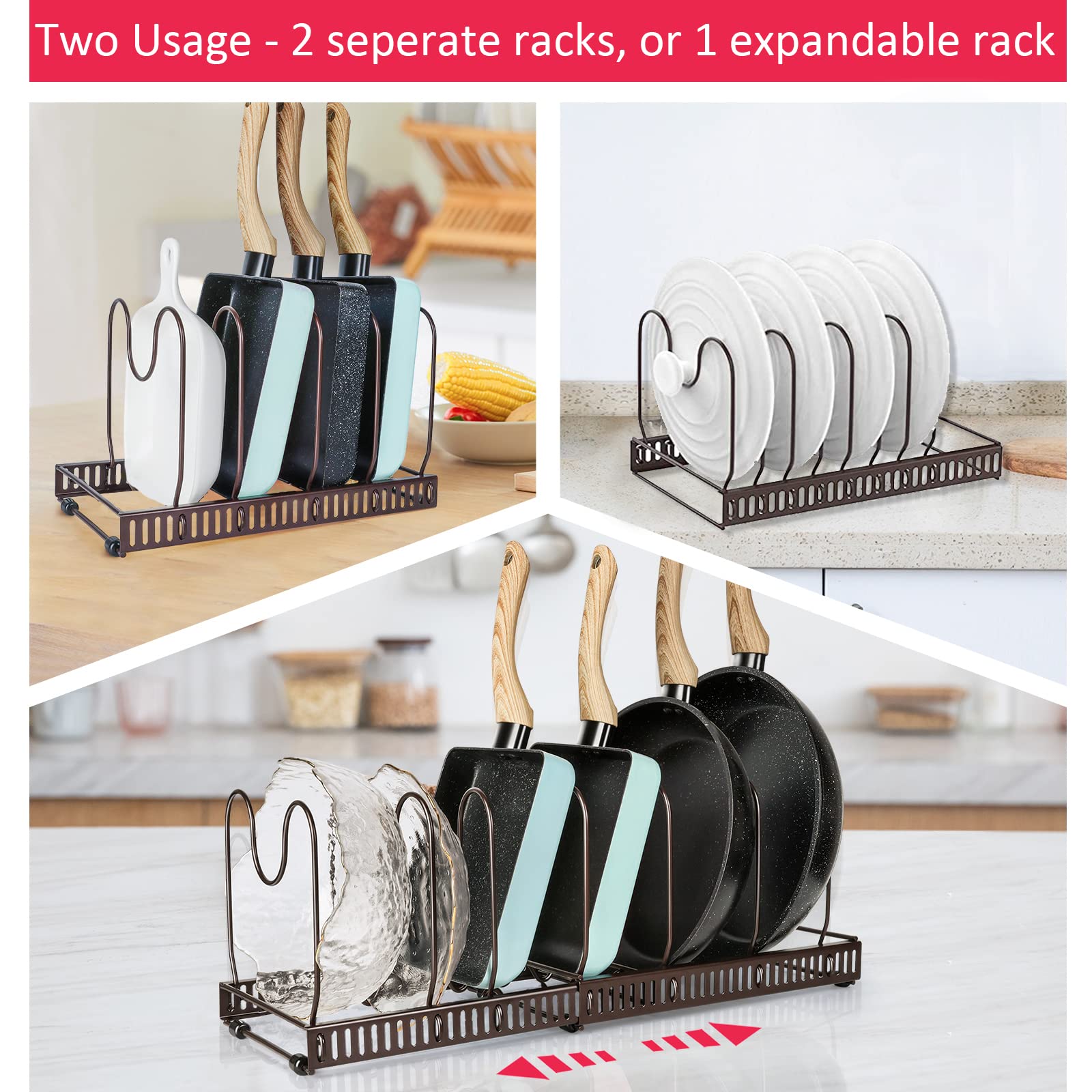 Expandable Pots and Pans Organizers Rack,Pot Cover Rack Grill Pan Rack Sticky Board For Cabinets,Pans Pot Lid Organizer Rack Holder with 7 Adjustable Compartments (7D-bronze)