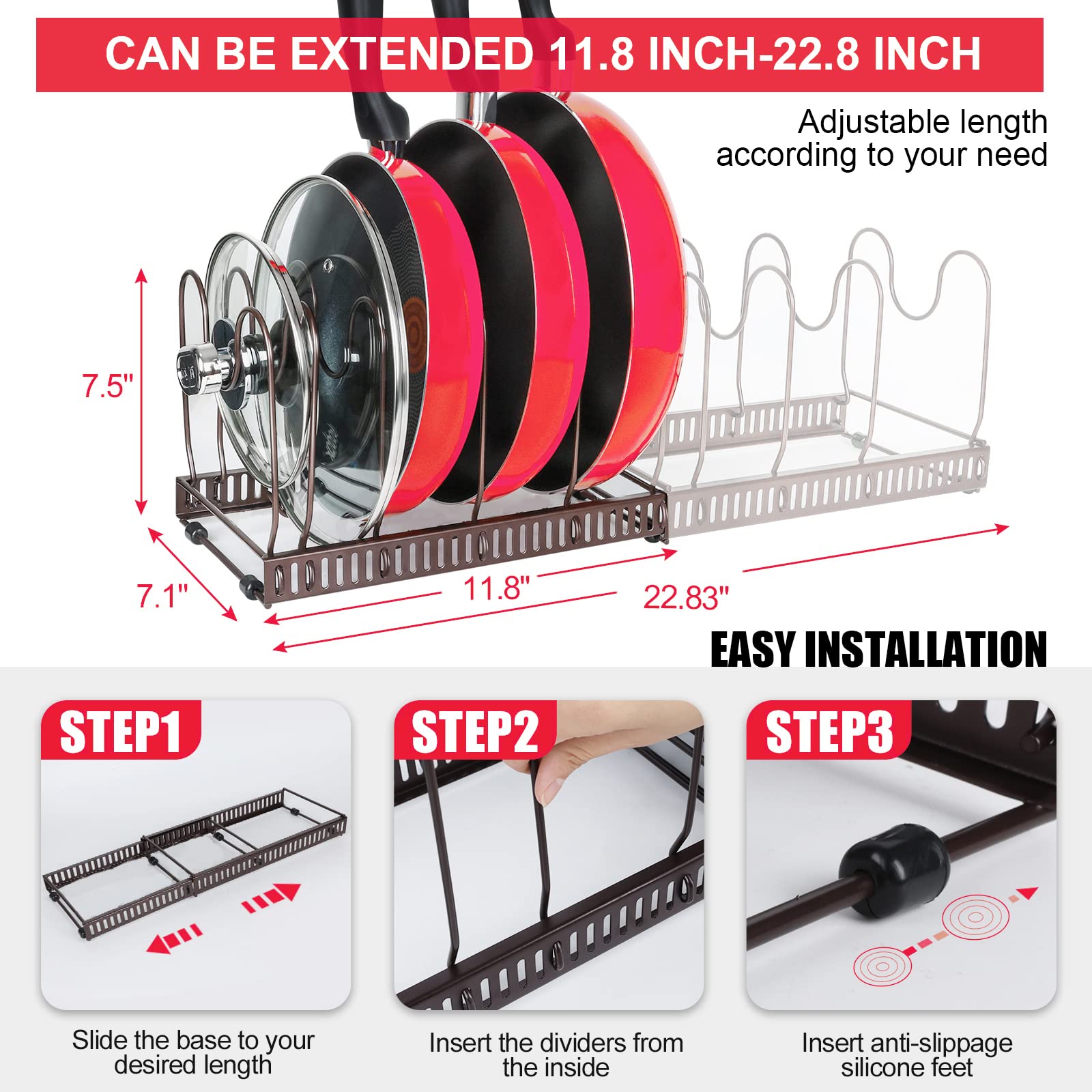 Expandable Pots and Pans Organizers Rack,Pot Cover Rack Grill Pan Rack Sticky Board For Cabinets,Pans Pot Lid Organizer Rack Holder with 7 Adjustable Compartments (7D-bronze)
