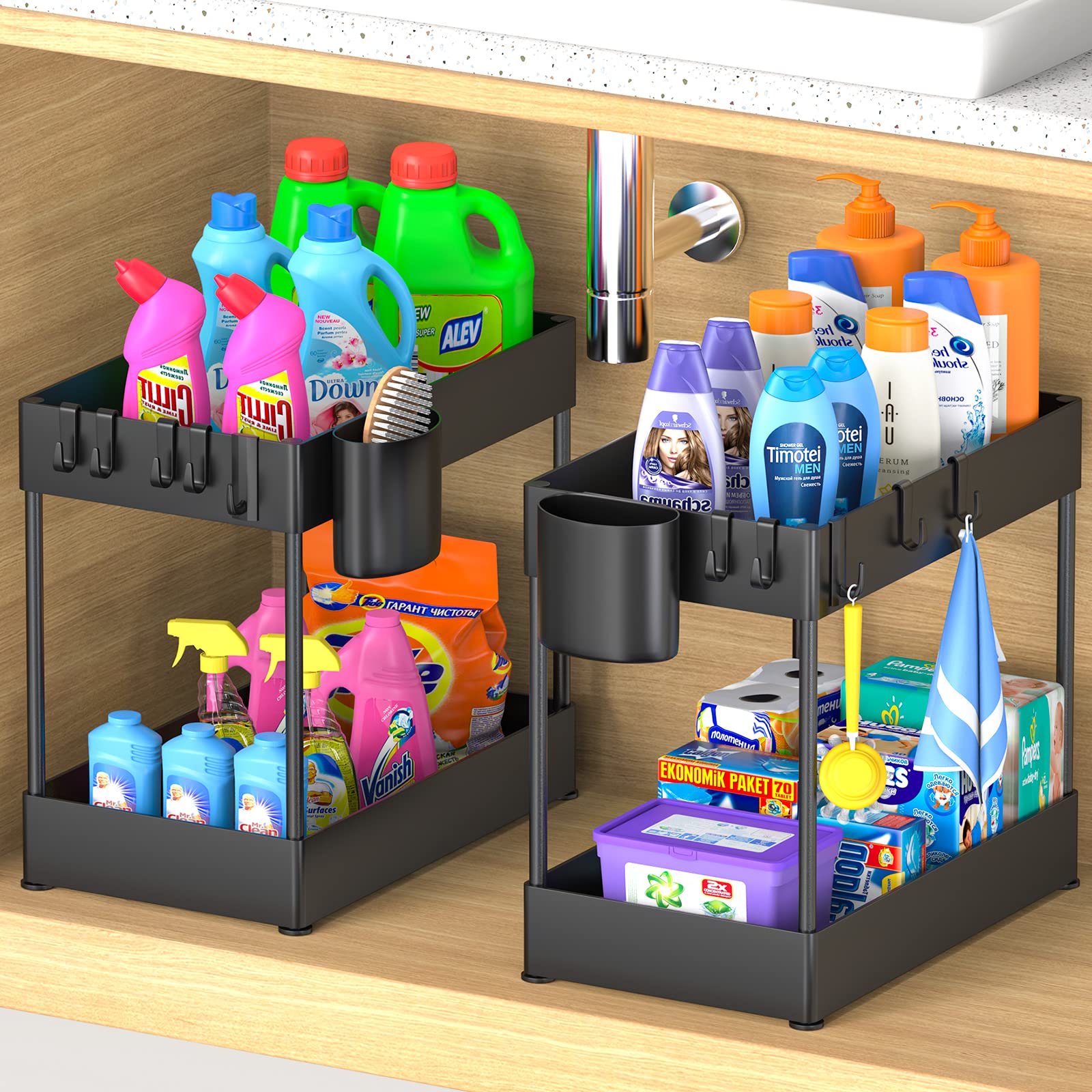 2 Pack Under Sink Organizers and Storage Bathroom Organizers Storage Kitchen Organizers Storage Multi-purpose Cabinet Organizer Pantry Organization and Storage 2 Tiers Rack with Hanging Cup Hooks