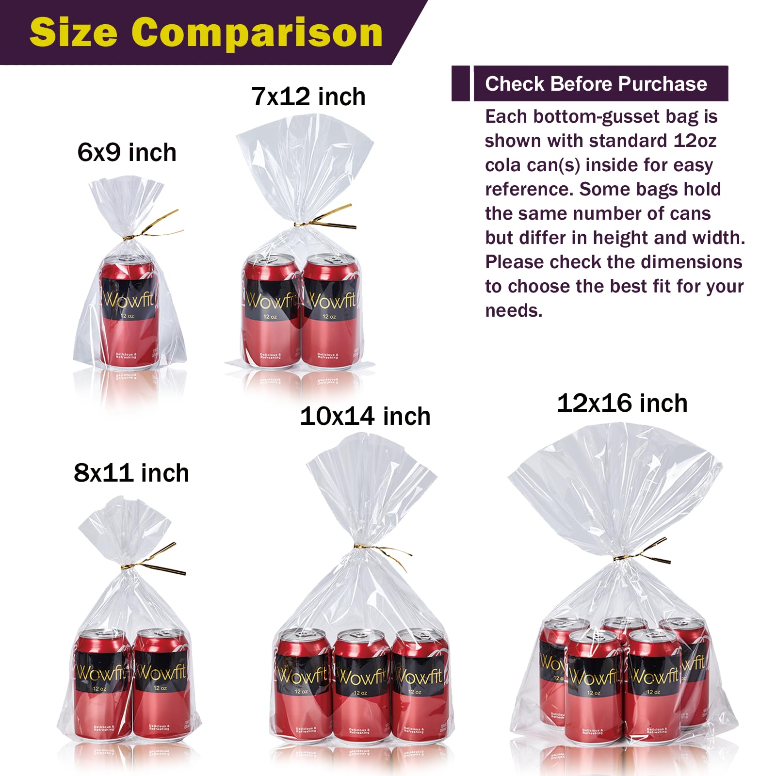Wowfit 50 CT 10x14 inches Clear Bottom Gusset Cellophane Treat Bags with 6" Gold Twist Ties, Cello Packaging for Gift Wrapping, Decorations, and Food Storage