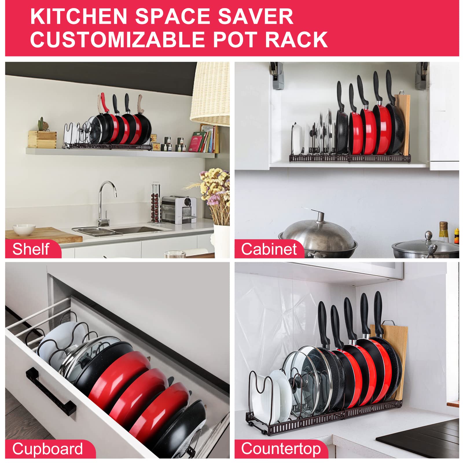 Expandable Pots and Pans Organizers Rack,Pot Cover Rack Grill Pan Rack Sticky Board For Cabinets,Pans Pot Lid Organizer Rack Holder with 7 Adjustable Compartments (7D-bronze)