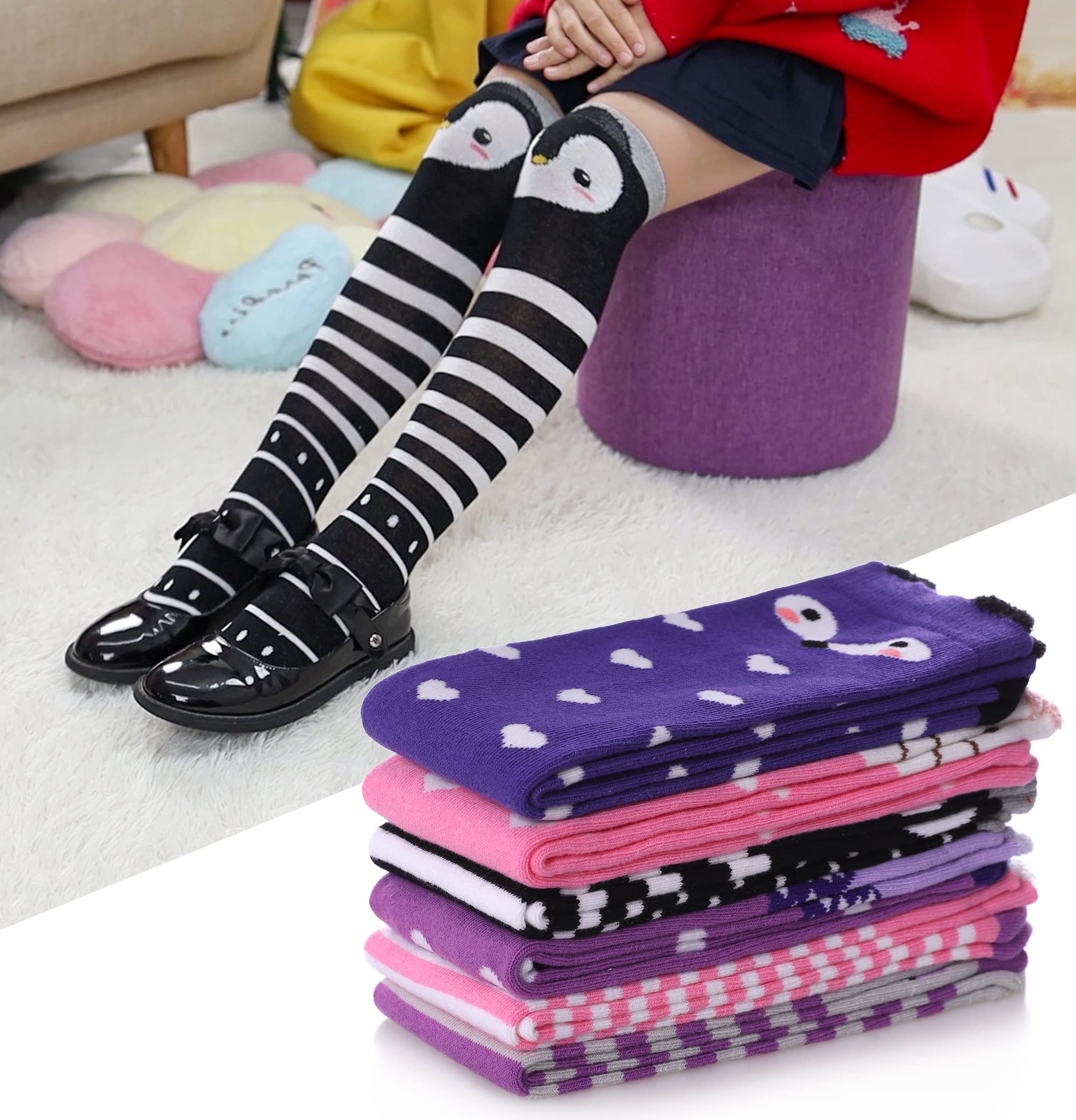 POEATEZO 3-12 Years Girls Knee High Socks Kids Funny Animal Pattern Warm Cotton Long Tall Boot Socks 6 Pairs (Cute Animals-B)
