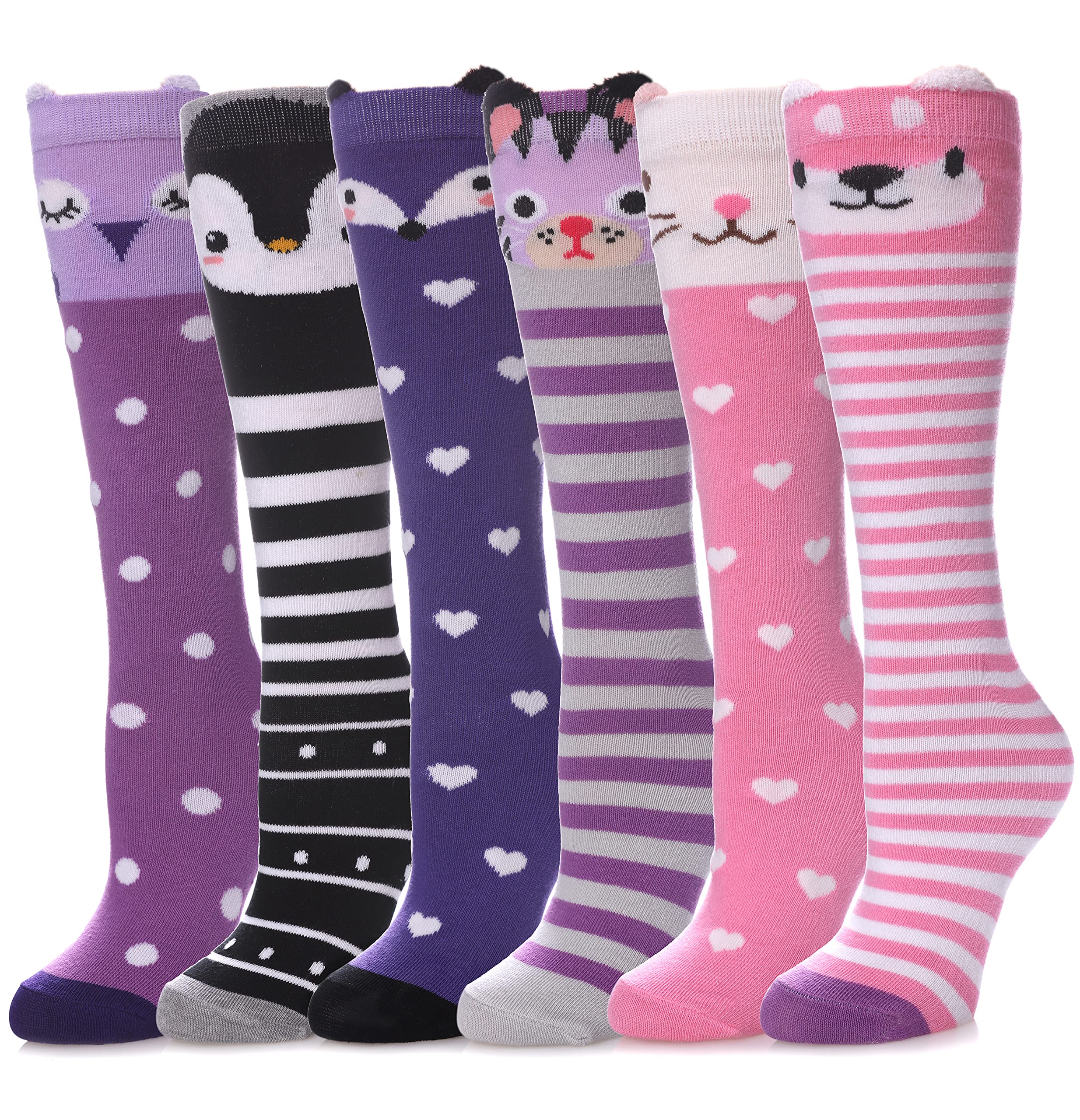 POEATEZO 3-12 Years Girls Knee High Socks Kids Funny Animal Pattern Warm Cotton Long Tall Boot Socks 6 Pairs (Cute Animals-B)