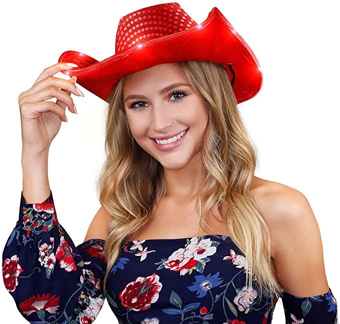 blinkee Sparkling LED Cowboy Hat with Red Sequins - Perfect for Rodeos and Festivals - 8 Radiant Red Lights