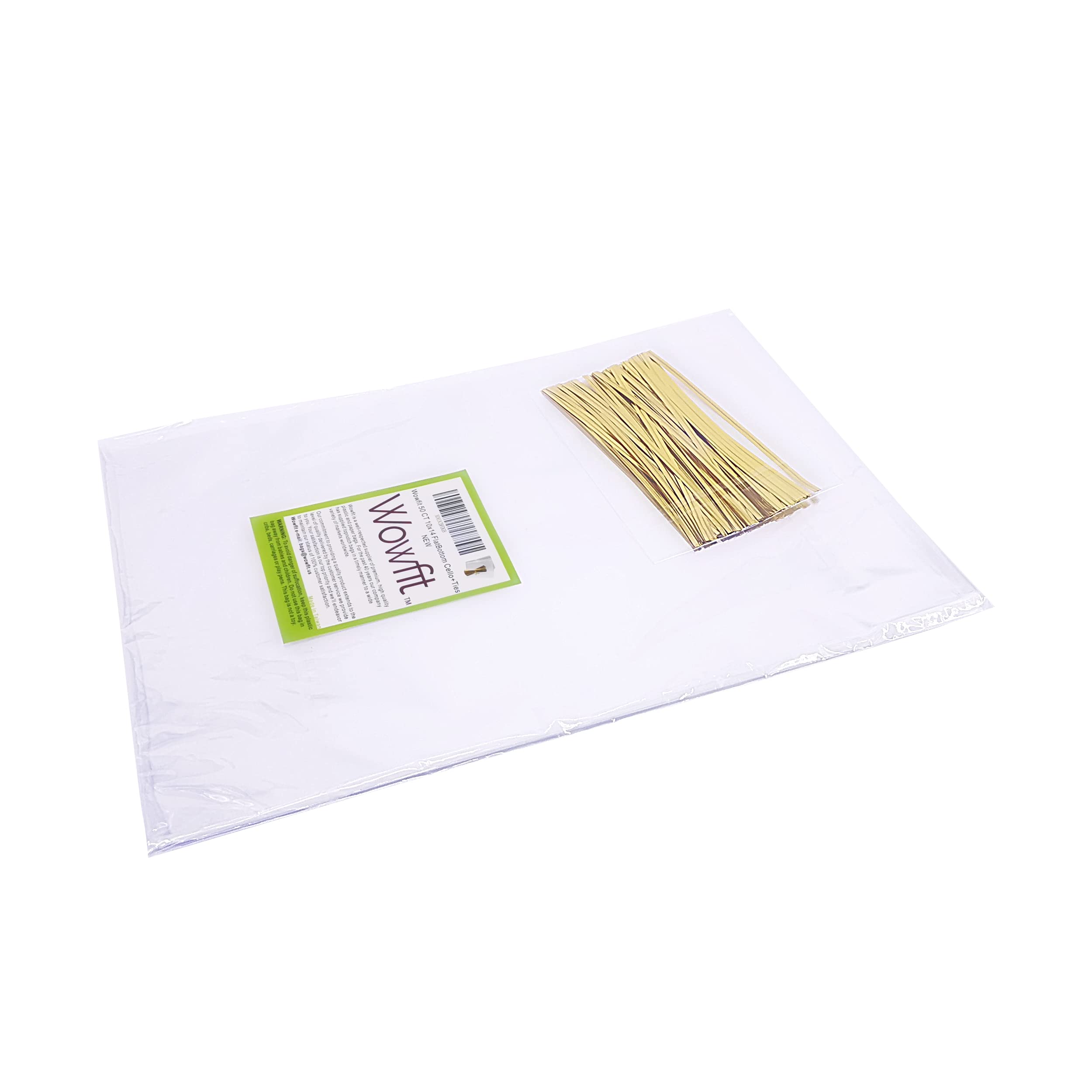 Wowfit 50 CT 10x14 inches Clear Bottom Gusset Cellophane Treat Bags with 6" Gold Twist Ties, Cello Packaging for Gift Wrapping, Decorations, and Food Storage