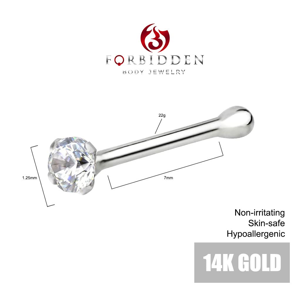 Forbidden Body Jewelry FBJ 14k White Gold Nose Ring, 22g, Solid 7mm Micro Stud, 1.25mm CZ Simulated Diamond, Non-Irritating Skin Safe Real Gold, Women/Men (Sold Individually)