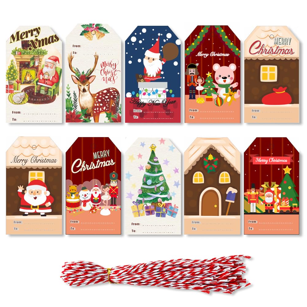 PintreeLand 50 Pack Christmas Gift Tags with String, Xmas Santa to/from Gift Tags for DIY Homemade Holiday Present Wrap Name Tag Label (Style A 50 Pack)