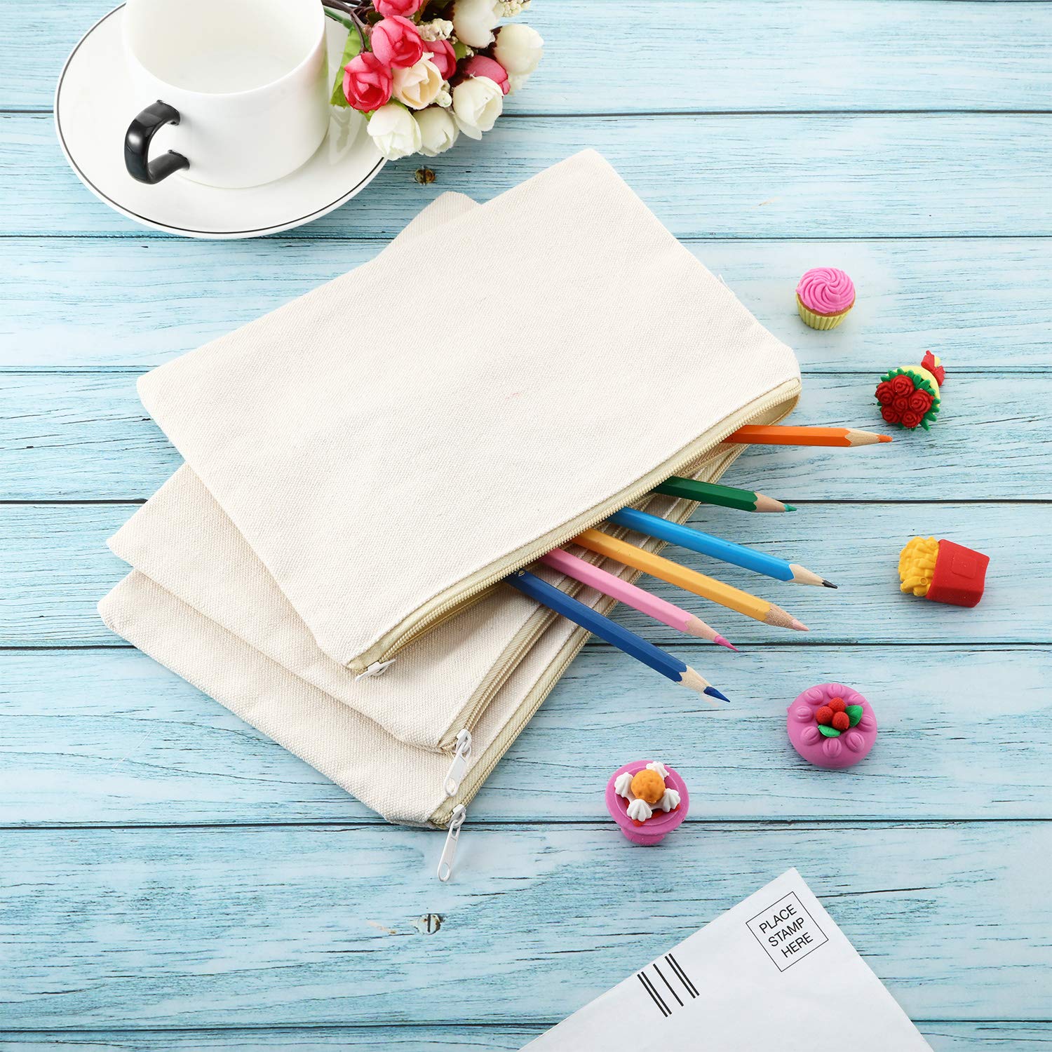 Gejoy 10 Pieces Cosmetic Canvas Pouch Bag Multipurpose Makeup Bag with Zipper Cotton Canvas Travel Toiletry Pouch DIY Craft (L, Beige)