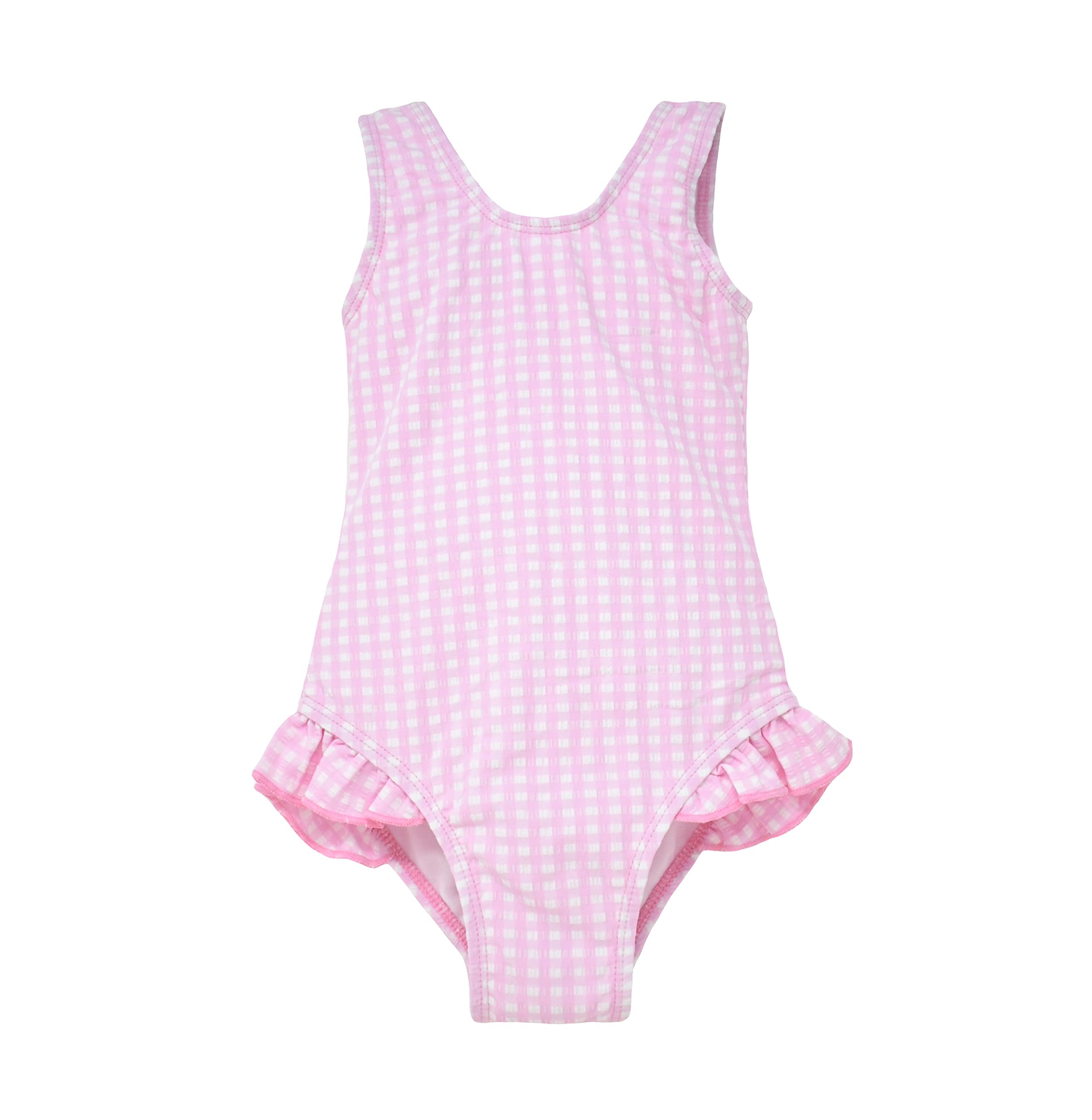 Flap Happy Baby/Toddler One Piece Swimsuit | Girls' Delaney Hip Ruffle Swimsuit | UPF 50+ Highest Certified UV Sun Protection, Pink Gingham Seersucker, 24M