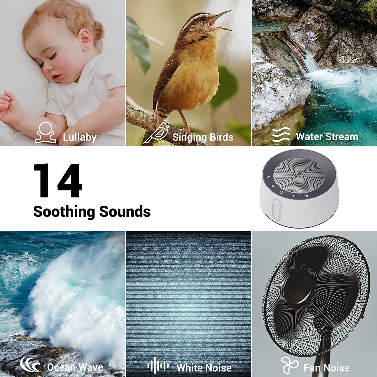 White Noise Machine, 14 Soothing Sounds and Warm Night Light for Sleeping, 5 Timers and Memory Feature Plug in Sound Machine for Baby, Adults,White