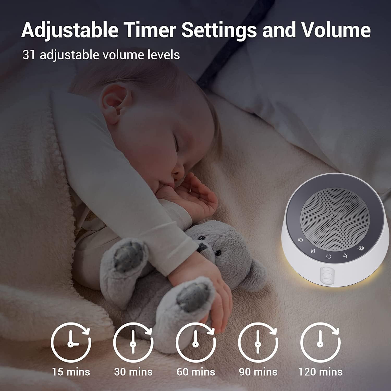 White Noise Machine, 14 Soothing Sounds and Warm Night Light for Sleeping, 5 Timers and Memory Feature Plug in Sound Machine for Baby, Adults,White