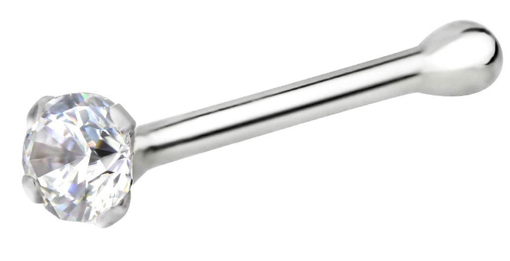 Forbidden Body Jewelry FBJ 14k White Gold Nose Ring, 22g, Solid 7mm Micro Stud, 1.25mm CZ Simulated Diamond, Non-Irritating Skin Safe Real Gold, Women/Men (Sold Individually)