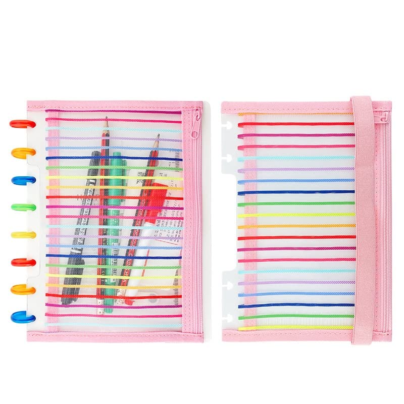 Chris.W Discbound Notebook Elastic Band Pen Holder, Junior Size Disc Bound Planner Cover Mesh Pencil Case Bag, Zipper Pouch for Pens Cards Stickers School Supplies (5.5inx8.5in, Pink with Stripe)