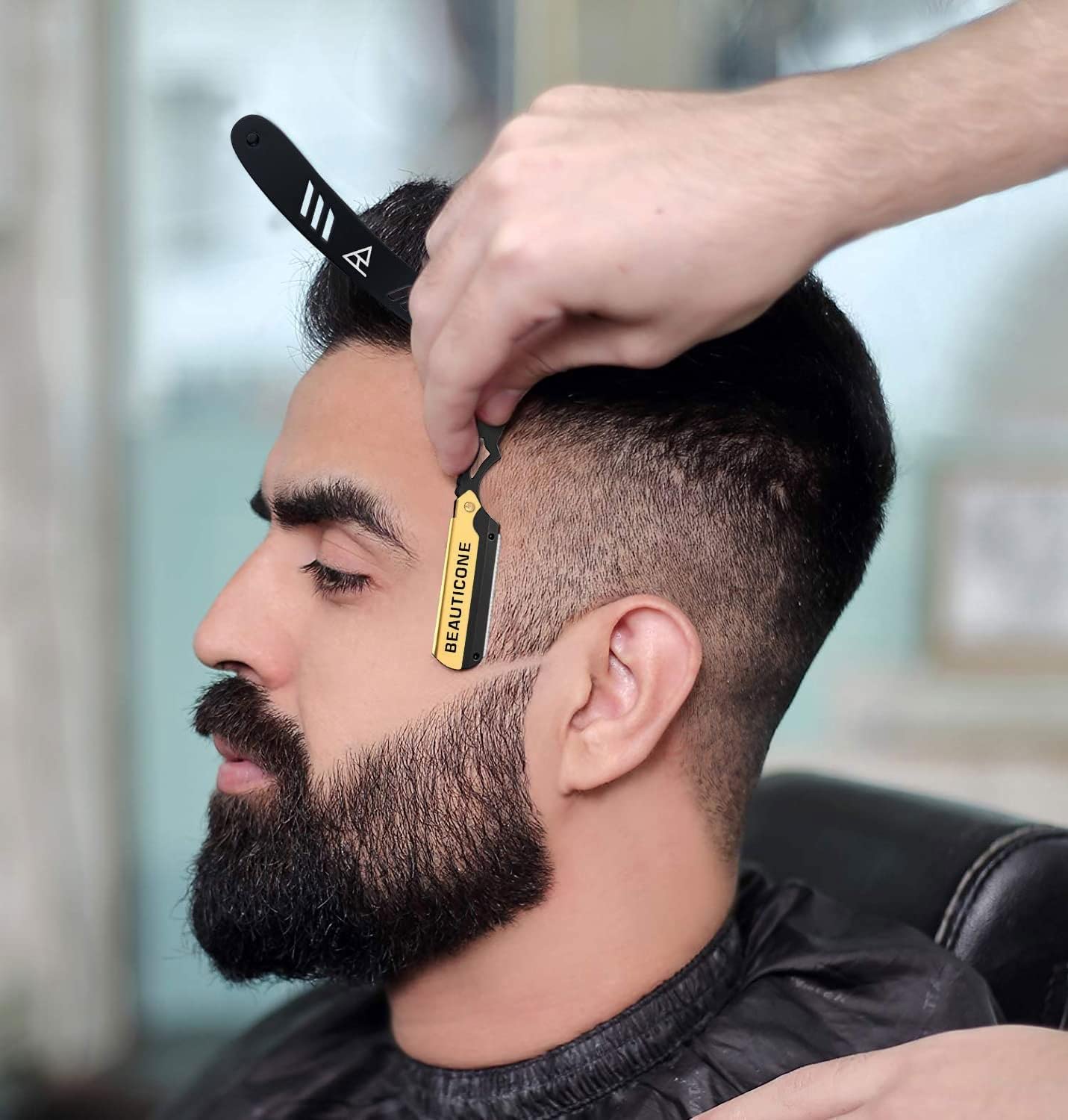 BEAUTICONE Straight Razor for Men, Professional Barber Razor with 100 Single Edge Blades, Straight Edge Single Blade Razors for Men, (Black & Gold with 100 blades)