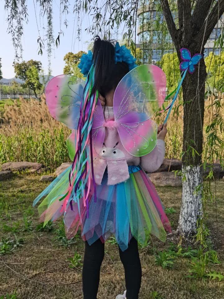 4 PC Girls Fairy Wings Butterfly Costume Set with Wings, Tutu, Wand & Halo