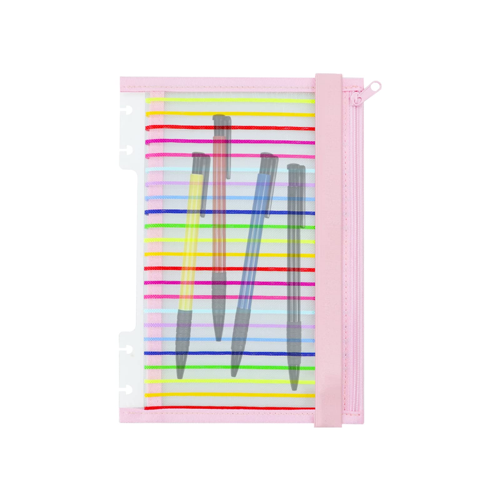 Chris.W Discbound Notebook Elastic Band Pen Holder, Junior Size Disc Bound Planner Cover Mesh Pencil Case Bag, Zipper Pouch for Pens Cards Stickers School Supplies (5.5inx8.5in, Pink with Stripe)