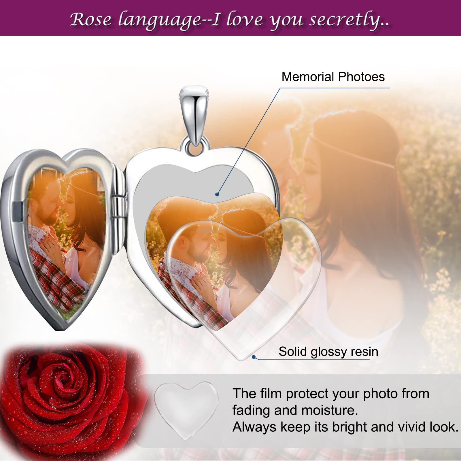 SOULMEET Personalized Rose Flower Heart Shaped Locket Necklace Sterling Silver That Hold 2 Pictures Memory Photos Custom Any Photo Christmas Gift Idea (Custom 2 photoes)