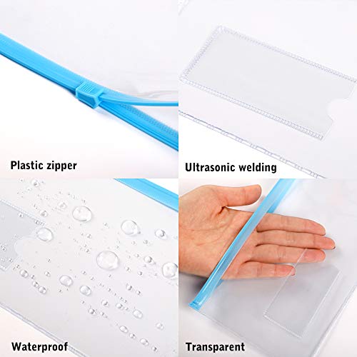 LABUK 25pcs Poly Zip Envelope, 9 x 4.7 Inches, Clear Pencil Pouch with Label Plastic Reusable Envelopes with Zipper, A6 Pencil Bags for Cash Money School Office Supplies, Muti-Color