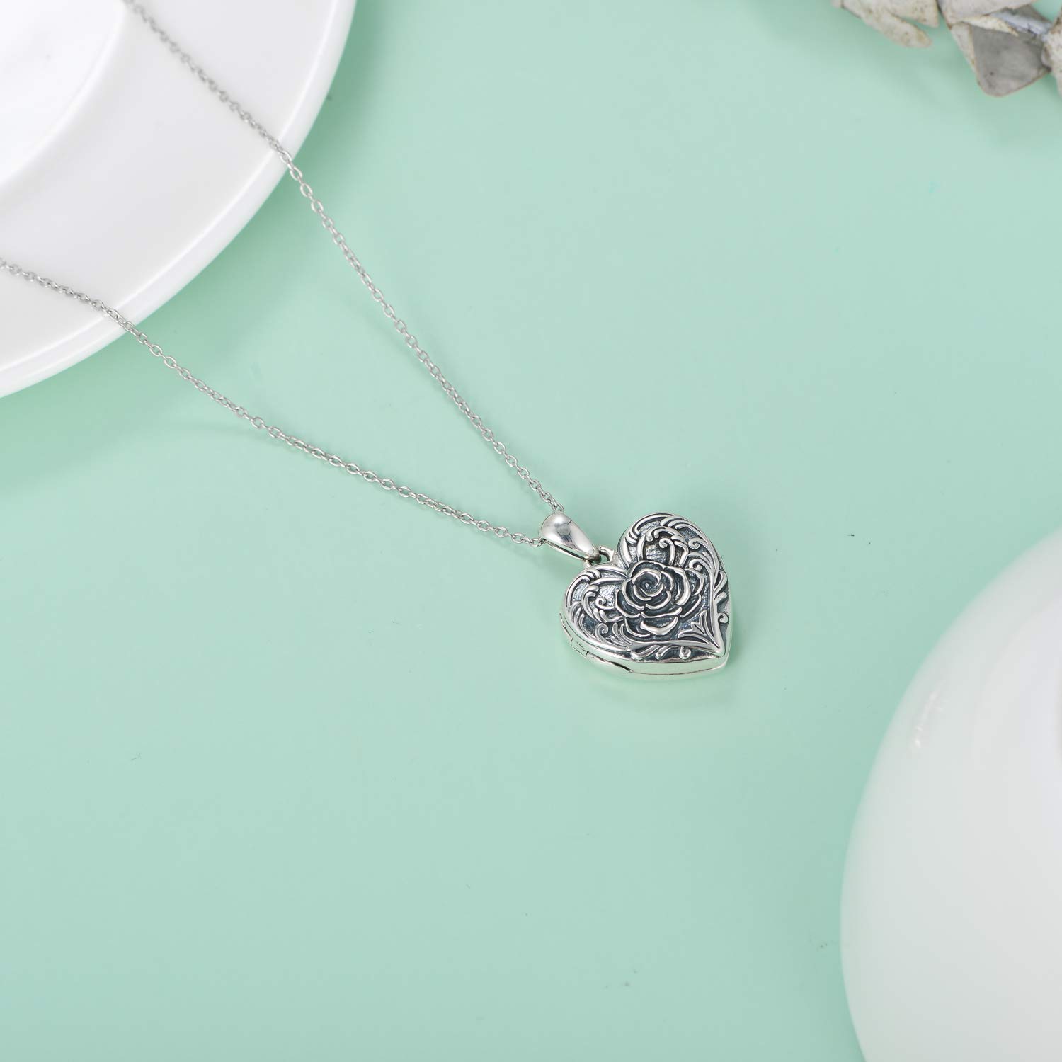SOULMEET Personalized Rose Flower Heart Shaped Locket Necklace Sterling Silver That Hold 2 Pictures Memory Photos Custom Any Photo Christmas Gift Idea (Custom 2 photoes)