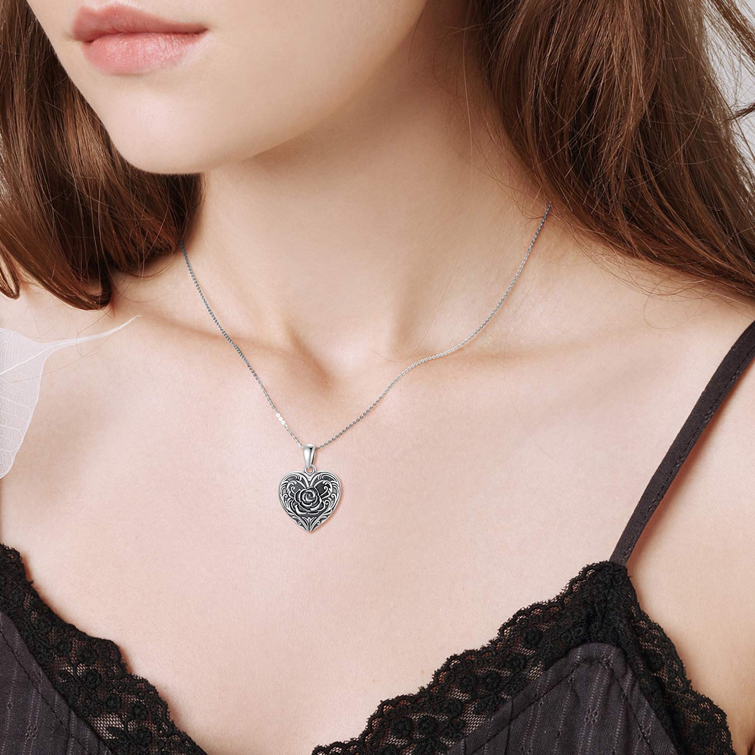 SOULMEET Personalized Rose Flower Heart Shaped Locket Necklace Sterling Silver That Hold 2 Pictures Memory Photos Custom Any Photo Christmas Gift Idea (Custom 2 photoes)