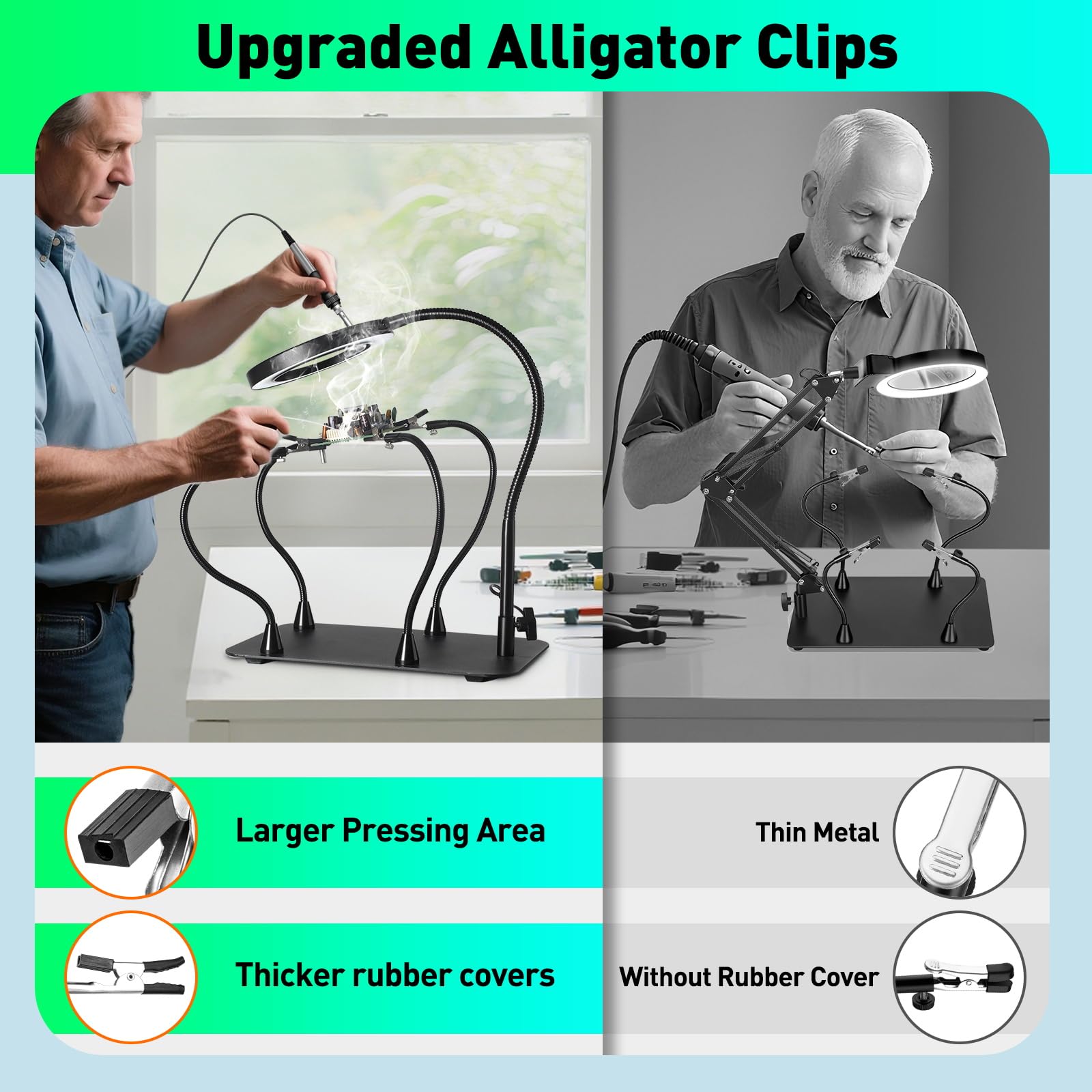 5X&10X Magnifying Glass with Light and Stand, KUVRS Flexible Magnetic Helping Hand, Large Base&Clamp Magnifying Lamp, 3 Color Adjustable Arm Desk Magnifying Glass with Light for Soldering Craft Hobby