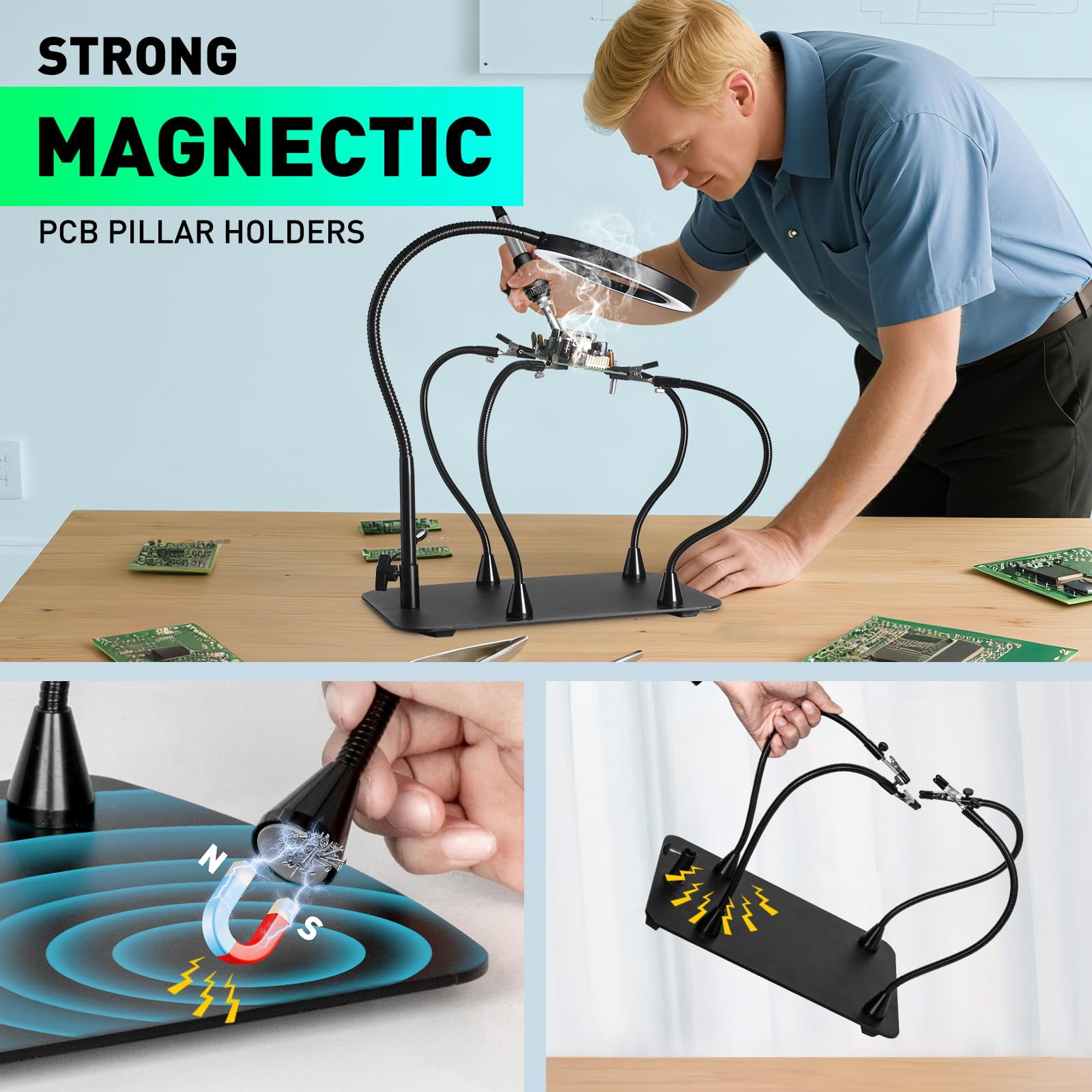 5X&10X Magnifying Glass with Light and Stand, KUVRS Flexible Magnetic Helping Hand, Large Base&Clamp Magnifying Lamp, 3 Color Adjustable Arm Desk Magnifying Glass with Light for Soldering Craft Hobby