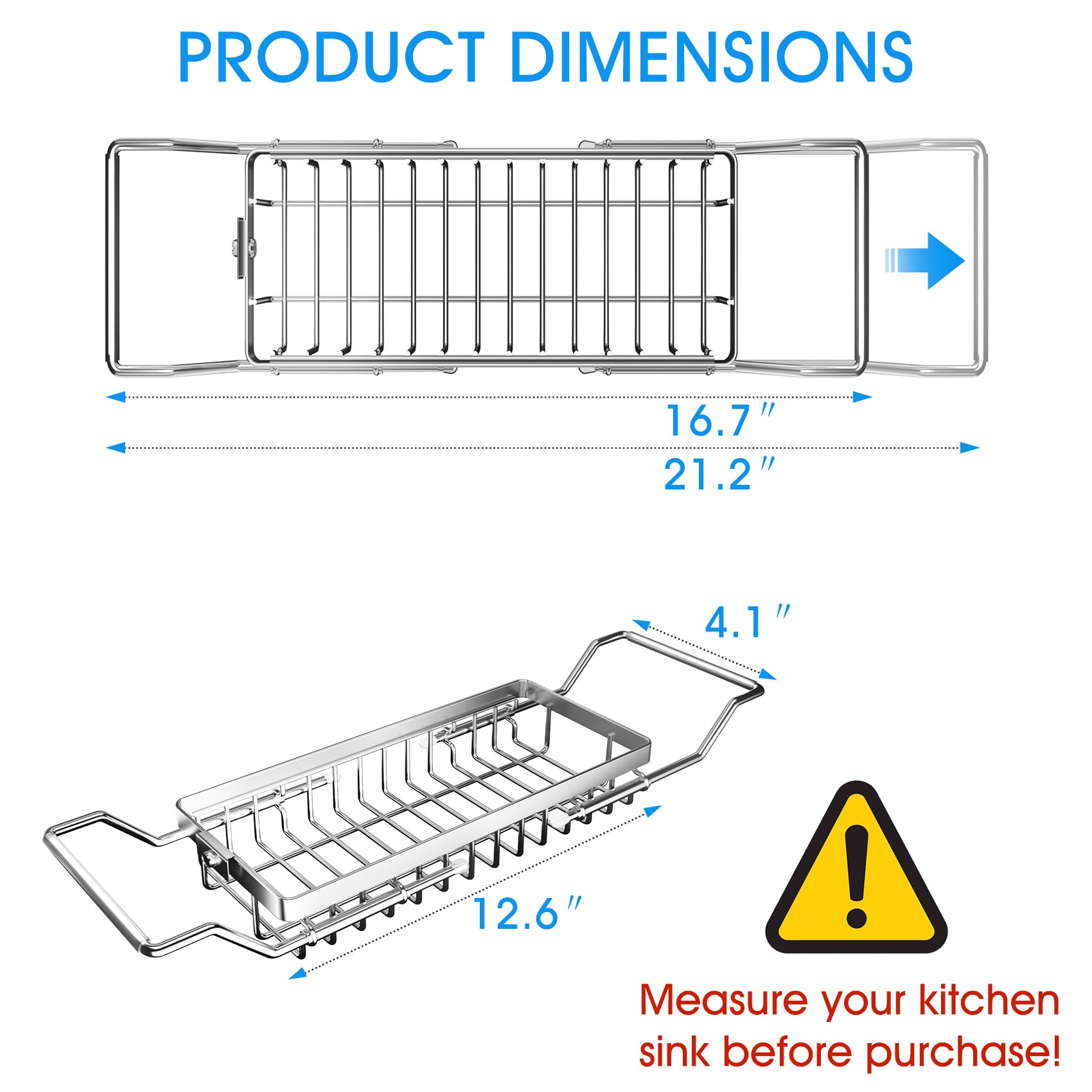 Sponge Holder for Kitchen Sink, Sink Caddy, Expandable (16.7"-21.2") Kitchen Sink Organizer with Dishcloth Towel Holder, Stainless Steel Over Sink Holder