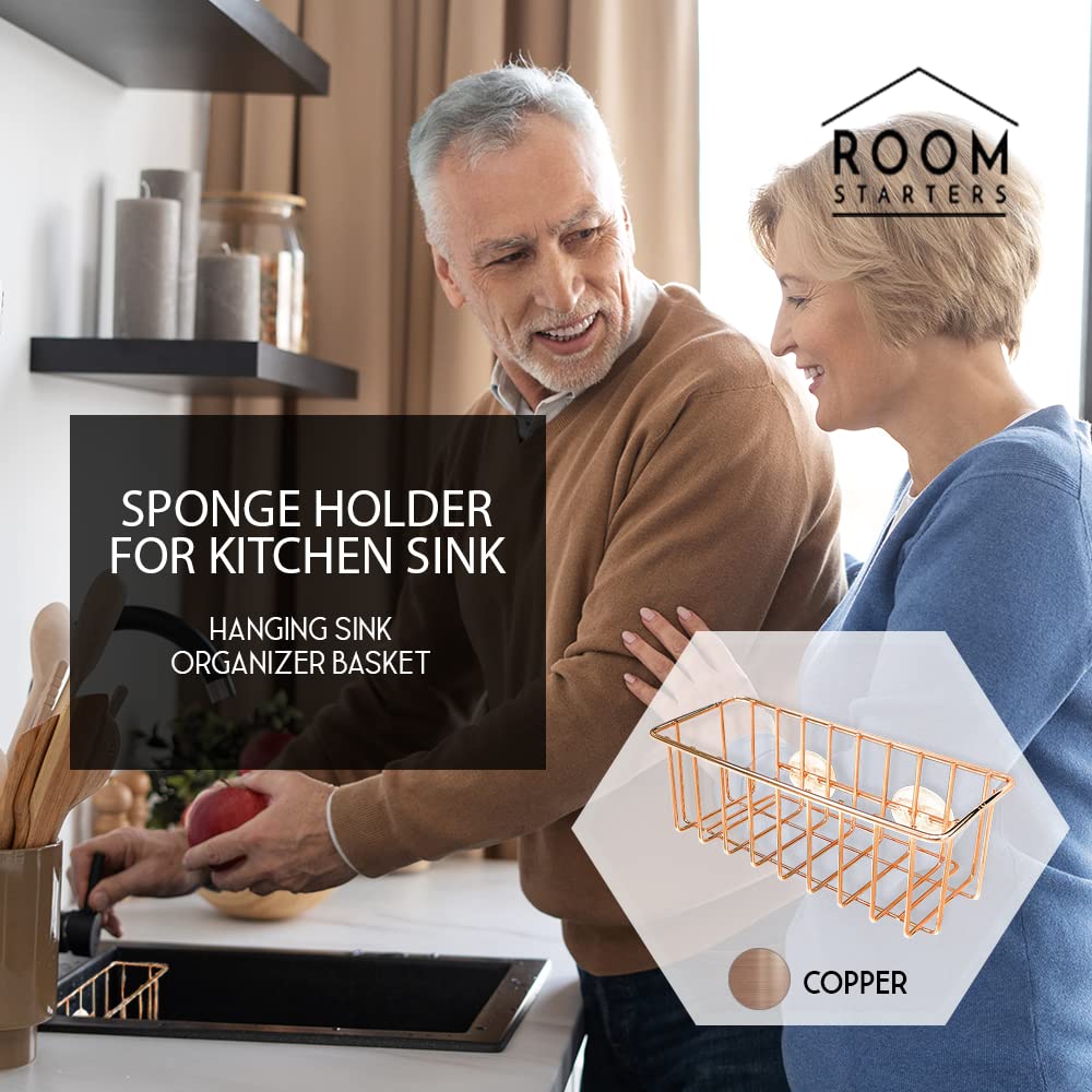 Sponge Holder for Kitchen Sink | Stainless Steel Sink Organizer Sponge Caddy with Strong Transparent Adhesive Mount by ROOM STARTERS (Copper)