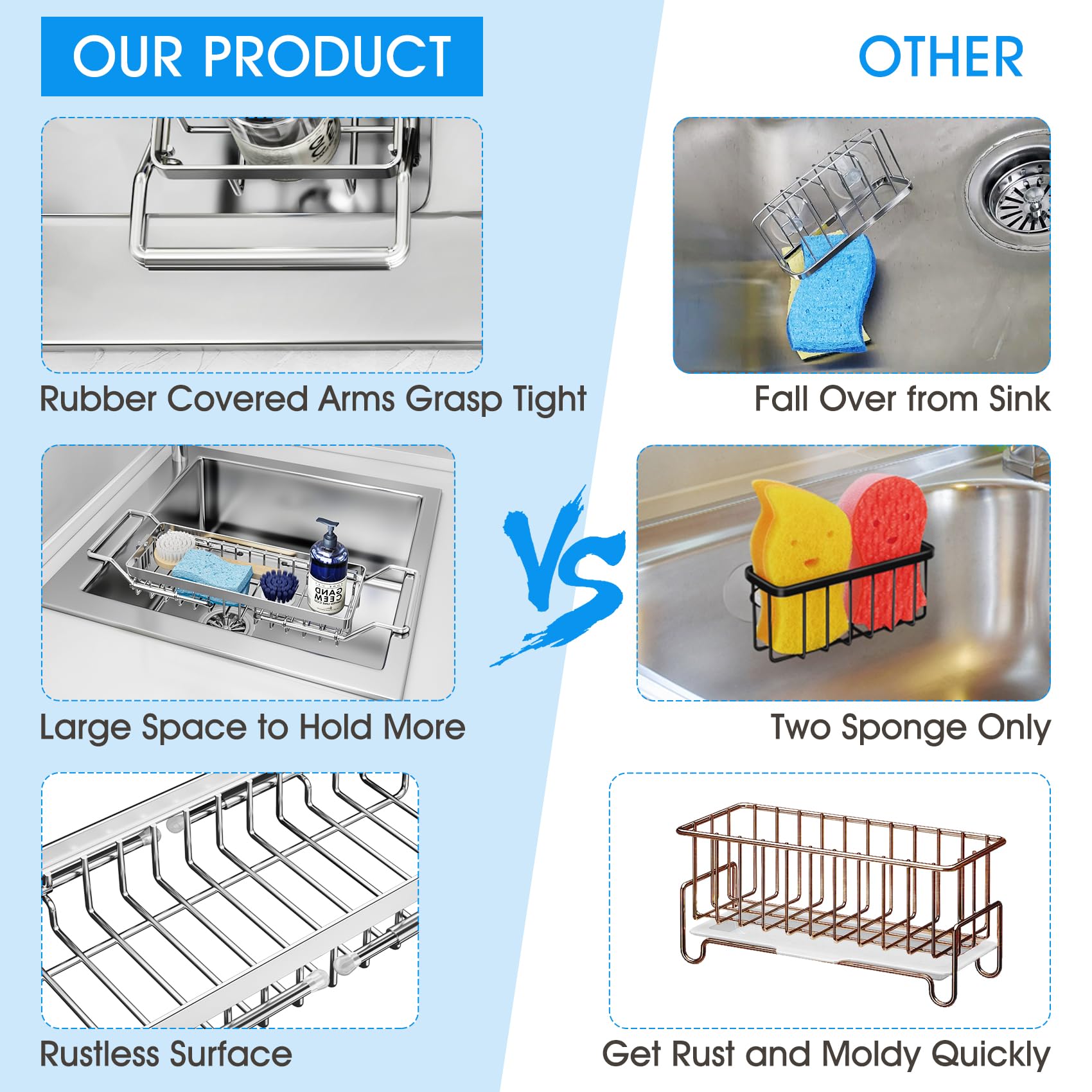 Sponge Holder for Kitchen Sink, Sink Caddy, Expandable (16.7"-21.2") Kitchen Sink Organizer with Dishcloth Towel Holder, Stainless Steel Over Sink Holder