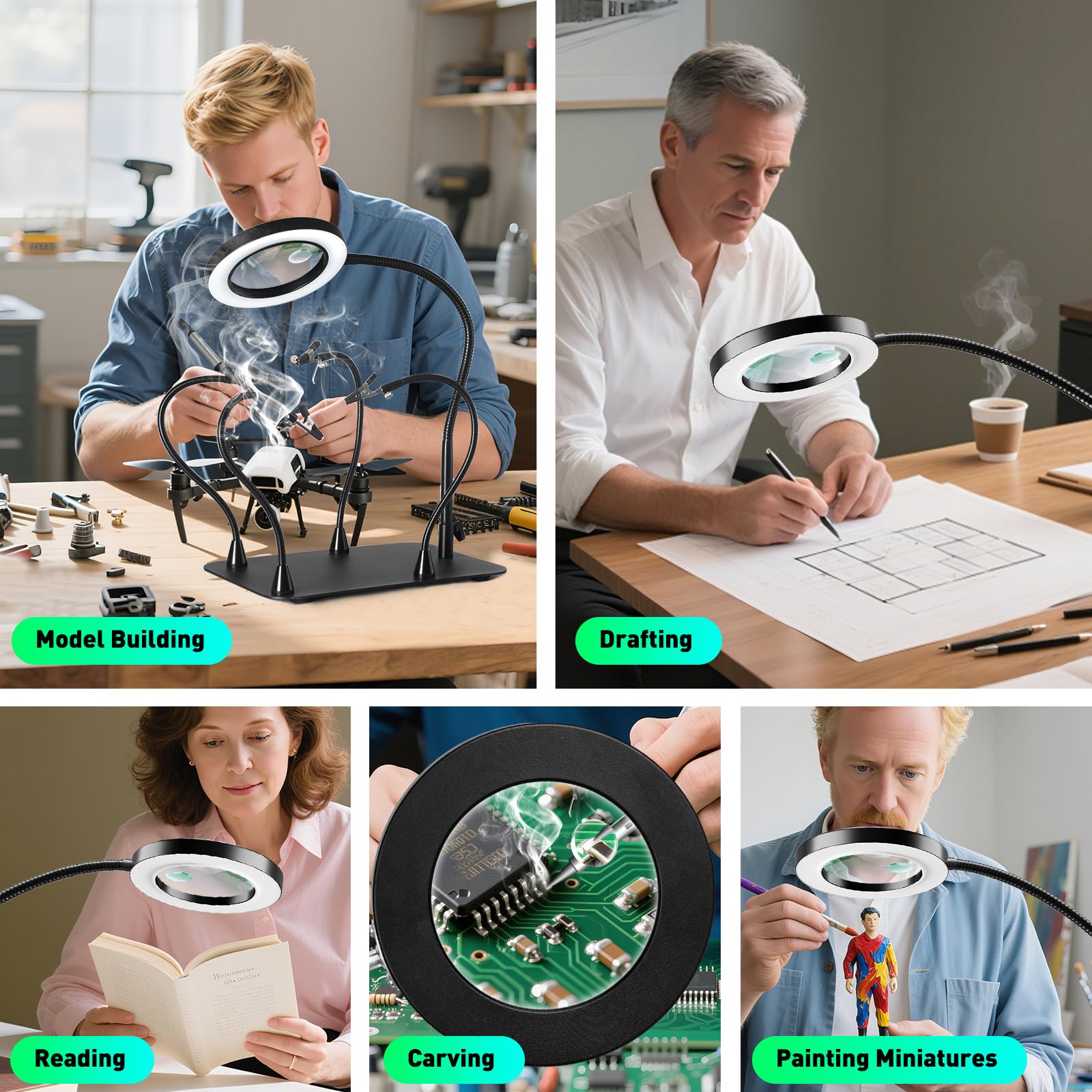 5X&10X Magnifying Glass with Light and Stand, KUVRS Flexible Magnetic Helping Hand, Large Base&Clamp Magnifying Lamp, 3 Color Adjustable Arm Desk Magnifying Glass with Light for Soldering Craft Hobby