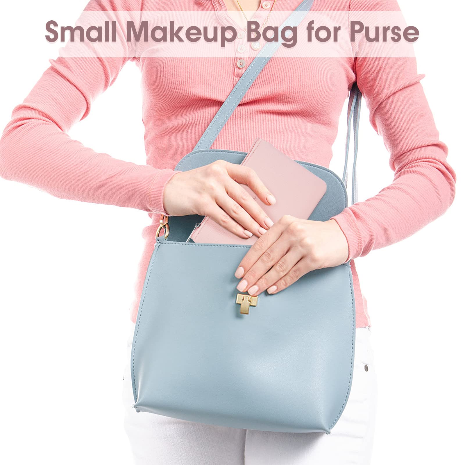 Narwey Small Makeup Bag for Purse Vegan Leather Travel Makeup Pouch Mini Cosmetic Bag Zipper Pouch for Women (Pink)