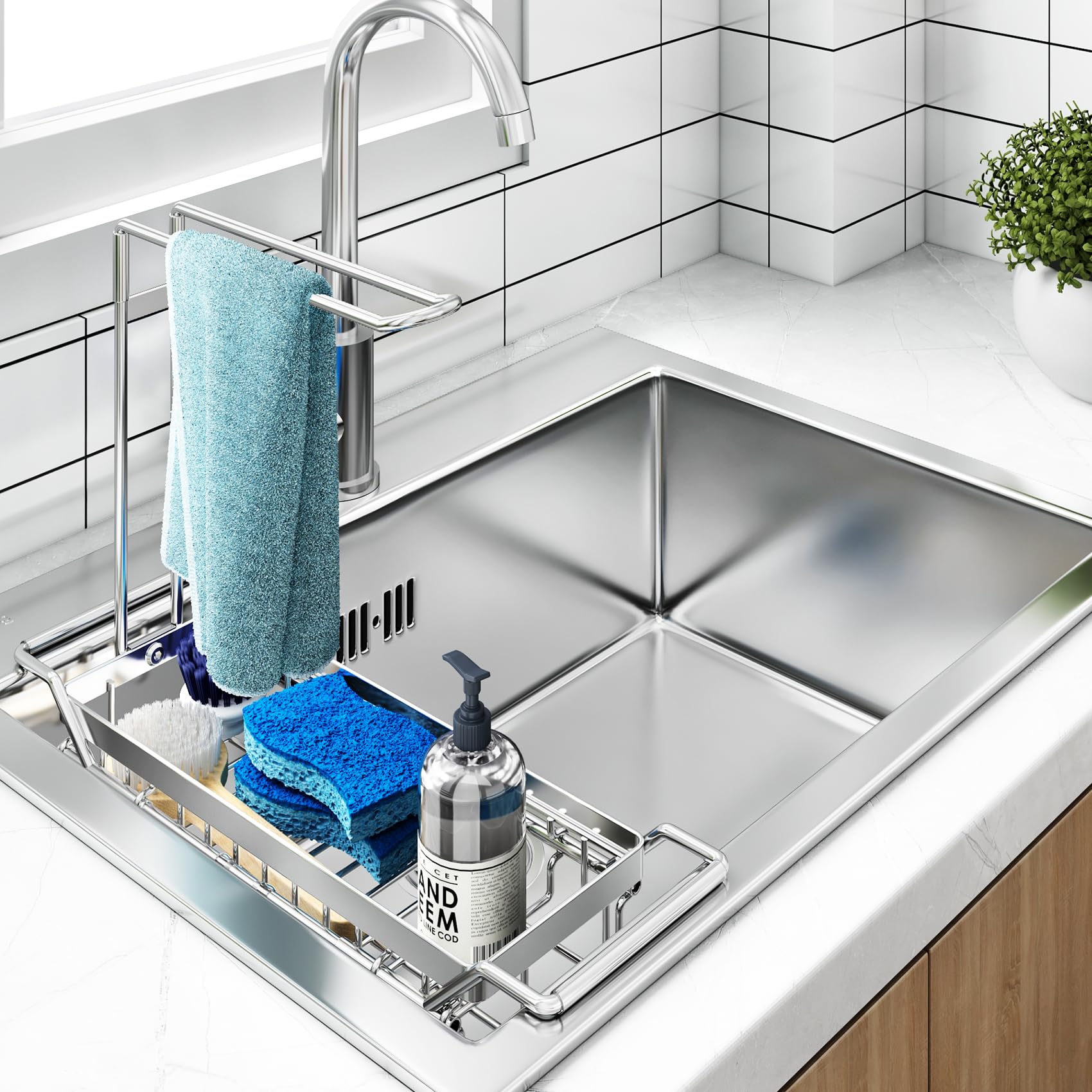 Sponge Holder for Kitchen Sink, Sink Caddy, Expandable (16.7"-21.2") Kitchen Sink Organizer with Dishcloth Towel Holder, Stainless Steel Over Sink Holder