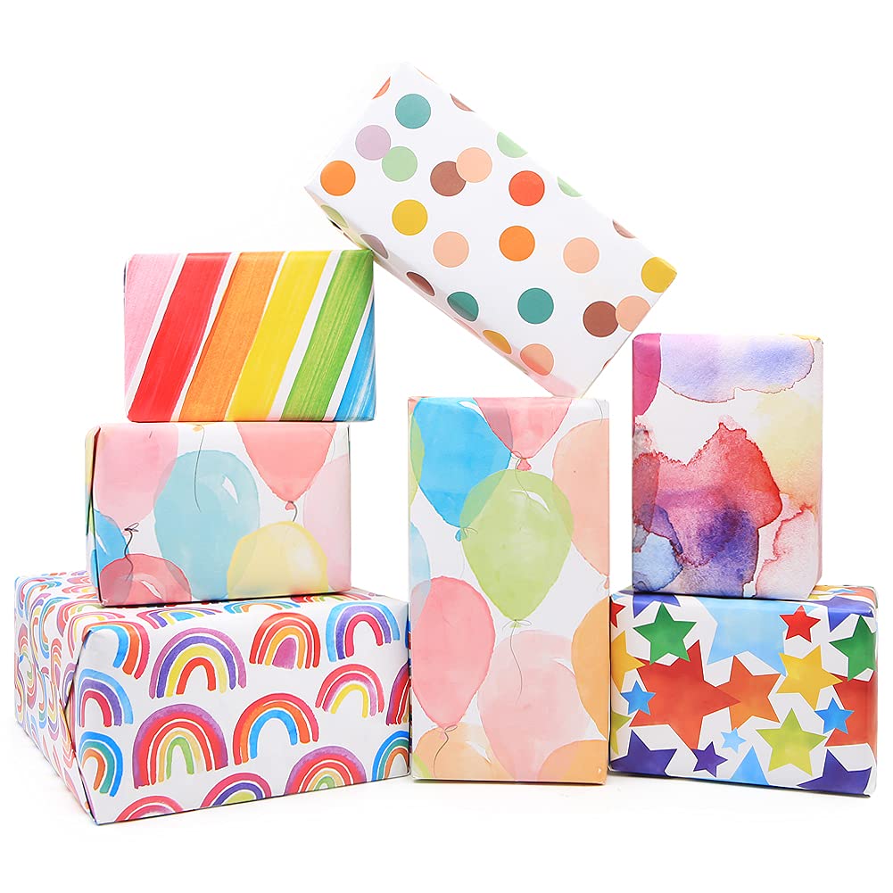 Apol Gift Wrapping Paper Birthday,Rainbow Pink Folded Gift Wrap Set 20 x 28 inches per sheet (12 sheets: 47 sq. ft. ttl.) W/String and Sticker for Bridal Baby Shower Wedding Graduation and More