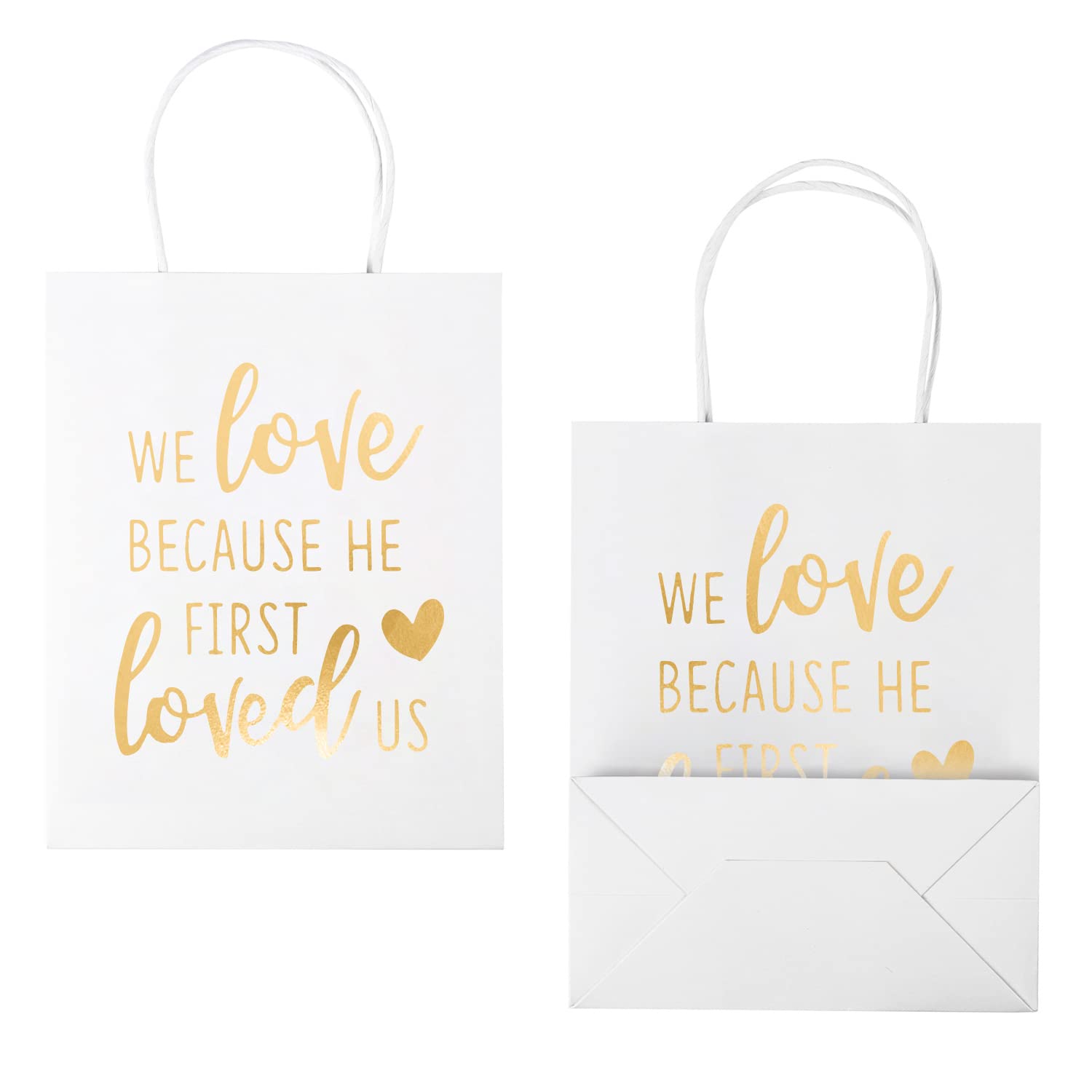 WRAPAHOLIC Medium Size Gift Bags - Gold Foil We Love Because He First Loved Us White Paper Bags with Handles for the Lovers of Scriptures and Christians - 12 Pack - 8" x 4" x 10"