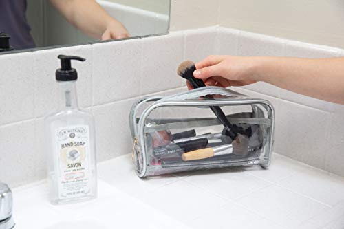 EzPacking Clear Makeup & Brush Bag/Long Cosmetic Pouch for Travel/Vegan Leather Piping/Small See Through PVC Plastic & Transparent Design/Hair Product Organizer (Ivory)