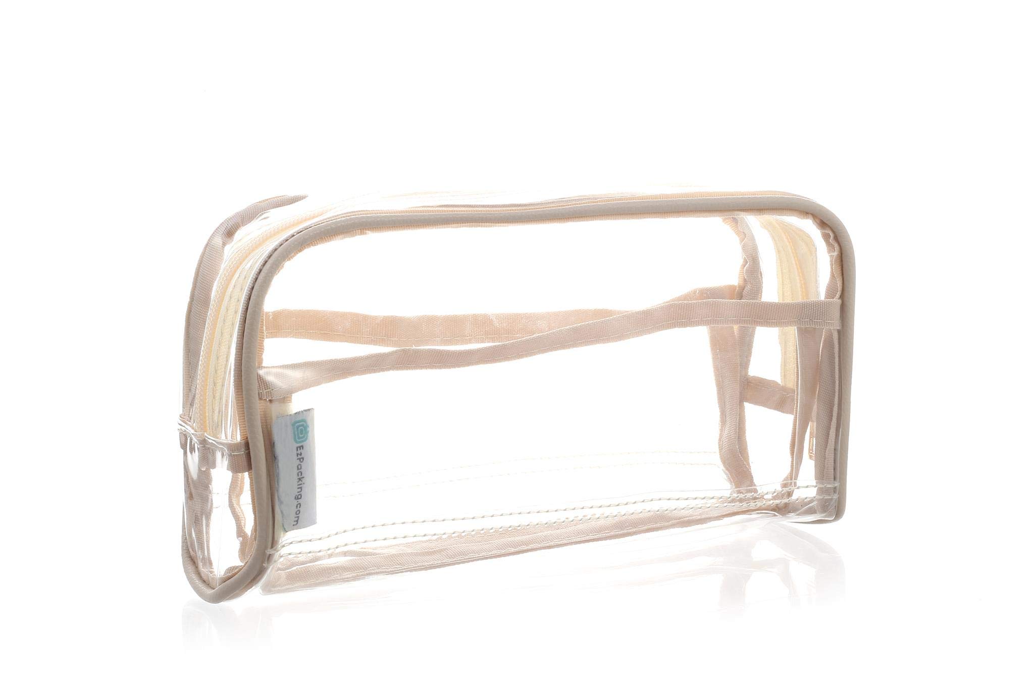 EzPacking Clear Makeup & Brush Bag/Long Cosmetic Pouch for Travel/Vegan Leather Piping/Small See Through PVC Plastic & Transparent Design/Hair Product Organizer (Ivory)